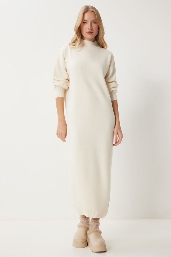 HAPPINESS İSTANBUL WOMEN'S BONE TURTLENECK LONG KNIT DRESS