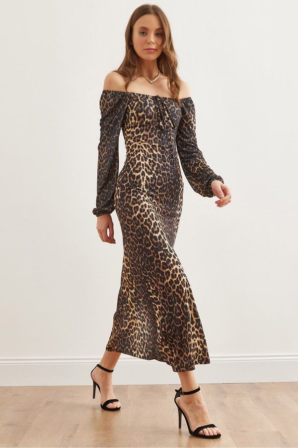OLALOOK WOMEN'S BLACK BROWN LACE DETAILED SLIT MAXI LEOPARD DRESS