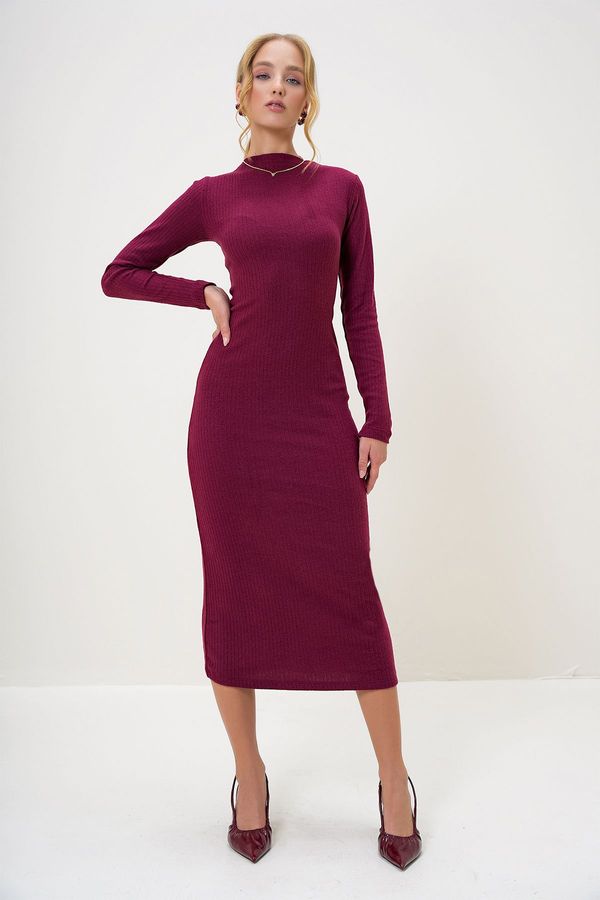TREND ALAÇATI STILI WOMEN'S BURGUNDY CREW NECK LONG SLEEVE INTERLOCK FABRIC MAXI LENGTH DRESS