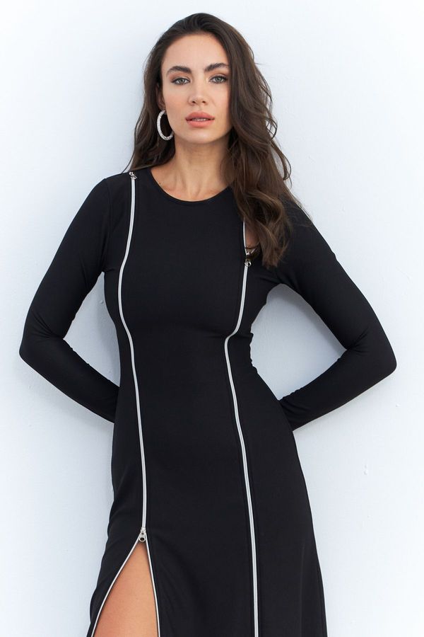 COOL & SEXY WOMEN'S BLACK DOUBLE ZIPPER MAXI DRESS