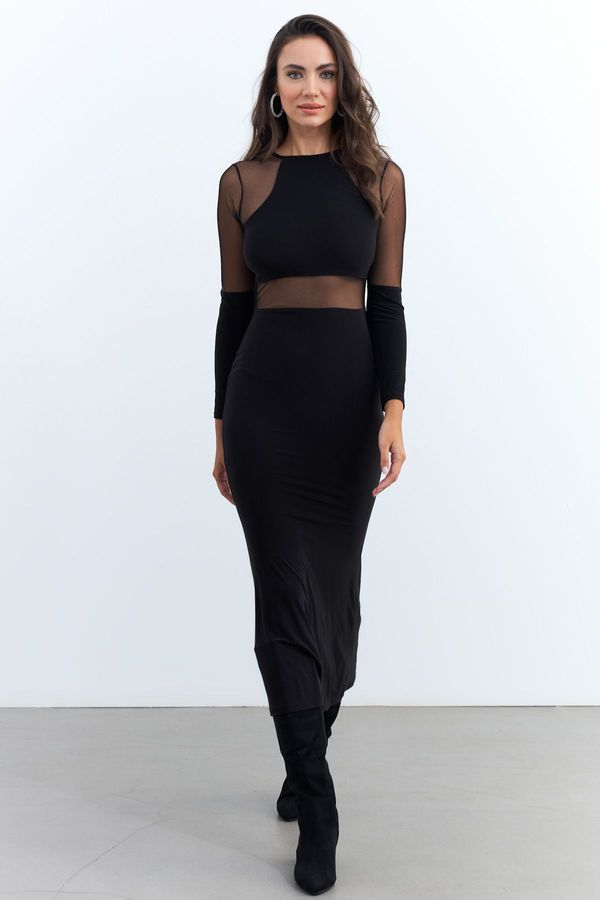 COOL & SEXY WOMEN'S BLACK TULLE DETAILED MIDI DRESS
