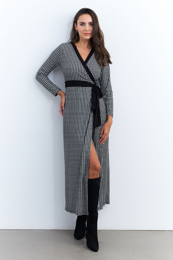 Cool & Sexy Women's Black-Ecru Double Breasted Houndstooth Maxi Dress
