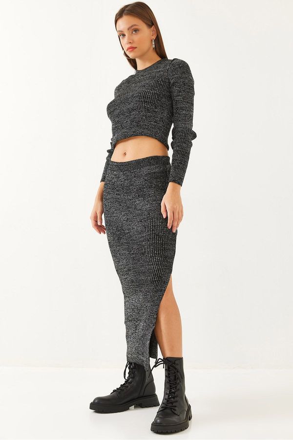 BIANCO LUCCI WOMEN'S GLITTERY SLIT DETAILED KNITWEAR TOP-BOTTOM SET 9911