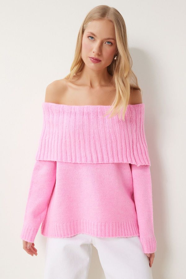 HAPPINESS İSTANBUL WOMEN'S PINK MADONNA COLLAR KNITWEAR SWEATER