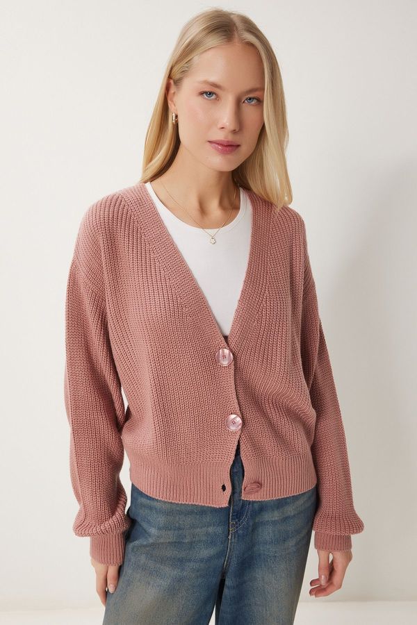 HAPPINESS İSTANBUL WOMEN'S DUSTY ROSE V-NECK BUTTONED KNITWEAR CARDIGAN