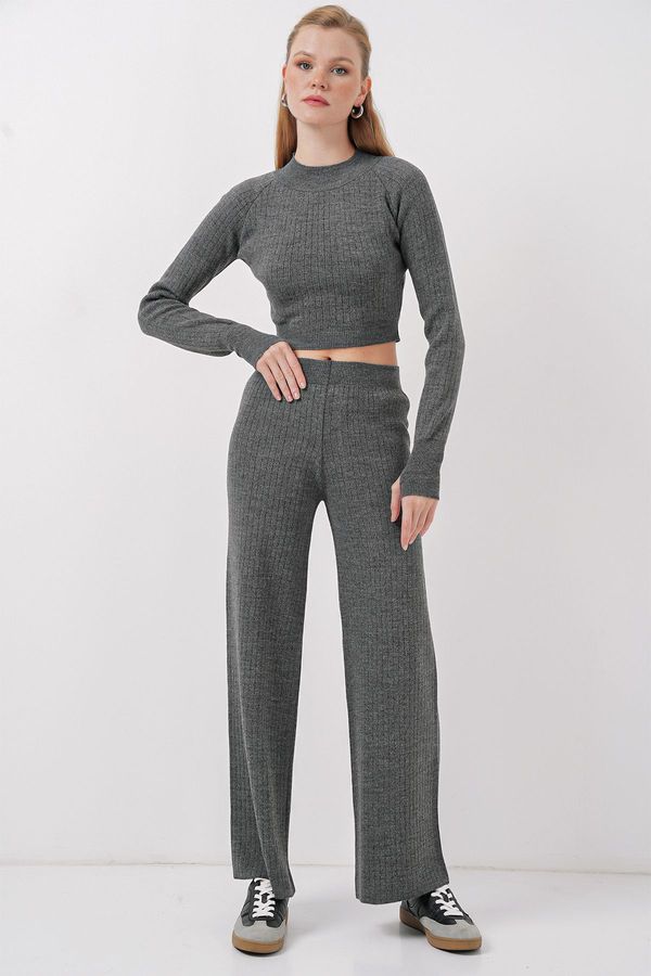 BIGDART 15905 WOMEN CROP SWEATER TROUSERS KNITWEAR BOTTOM TOP SET - SMOKE