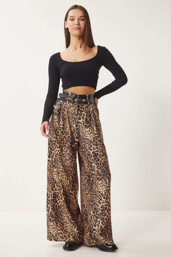 HAPPINESS İSTANBUL WOMEN'S BEIGE BLACK LEOPARD PATTERNED DOUBLE BELTED CULATTE WOVEN TROUSERS