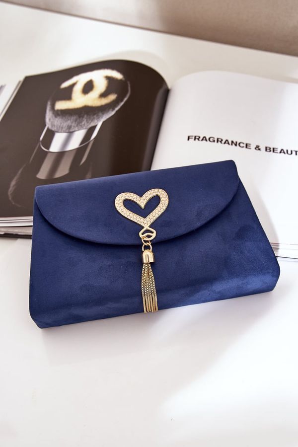 MARKA NIEZDEFINIOWANA CLUTCH BAG WITH DECORATIVE HEART ECO SUEDE DARK BLUE EVILINAS