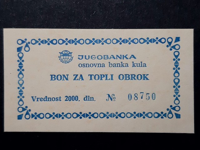 Bonovi za topli obrok Jugobanka 2000din