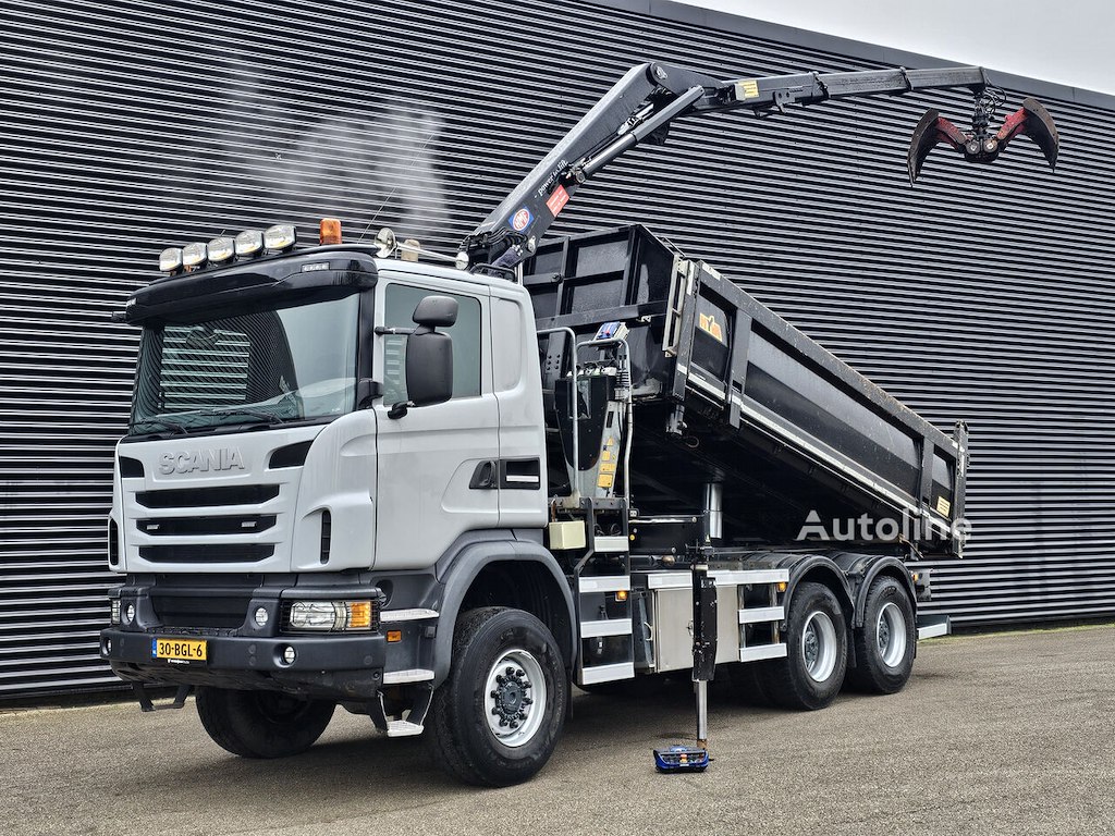 Scania G450 6x6 / HMF Z CRANE / 2 SIDE TIPPER kiper