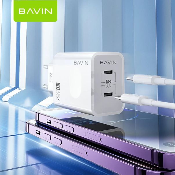 BAVIN Punjač 36W 2x Type-C, bela