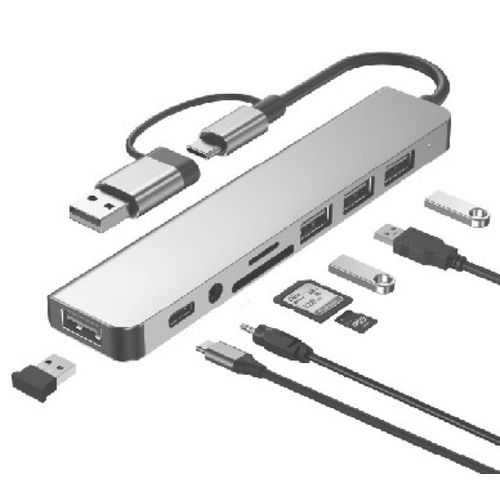 A-CM-COMBO8-06 ** Gembird USB-A + USB-C multi-port 8-in-1 USB3.0+USB2.0+SD+3.5mm+Data (759)