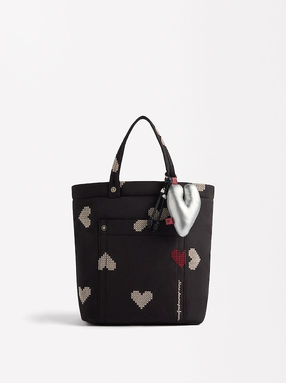 Nylon tote bag with hearts embroidery