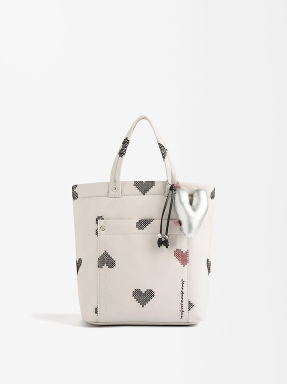 Nylon tote bag with hearts embroidery