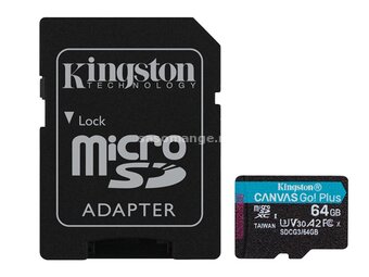 KINGSTON MicroSDXC 64GB Class 10 U3, 170MB/s-70MB/s, SDCG3/64GB + adapter