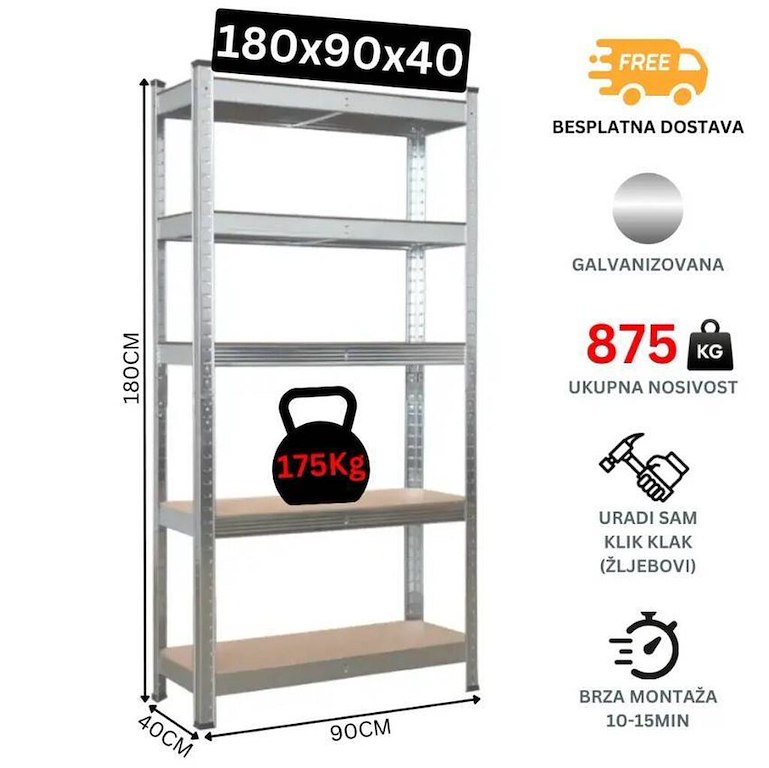 Galvanizovana metalna polica dimenzija 180x90x40cm Naša galvanizovana