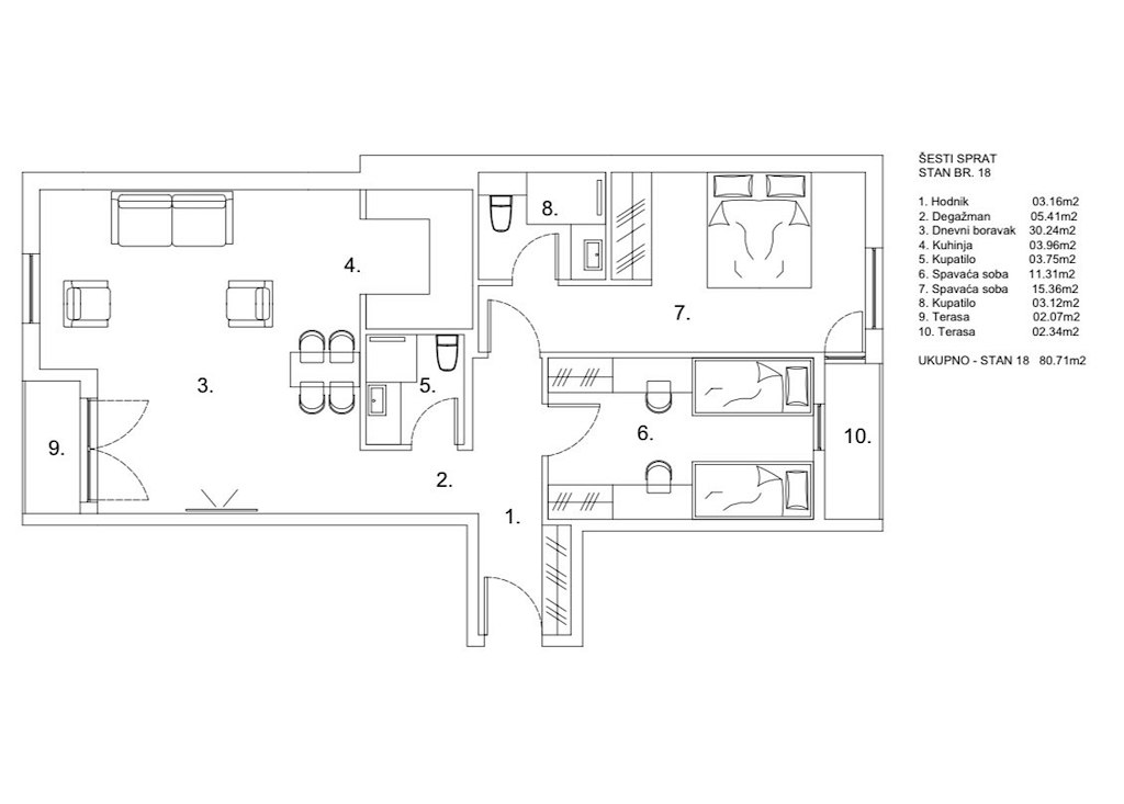 Trosoban stan kod hotela Zira 81m2 novogradnja