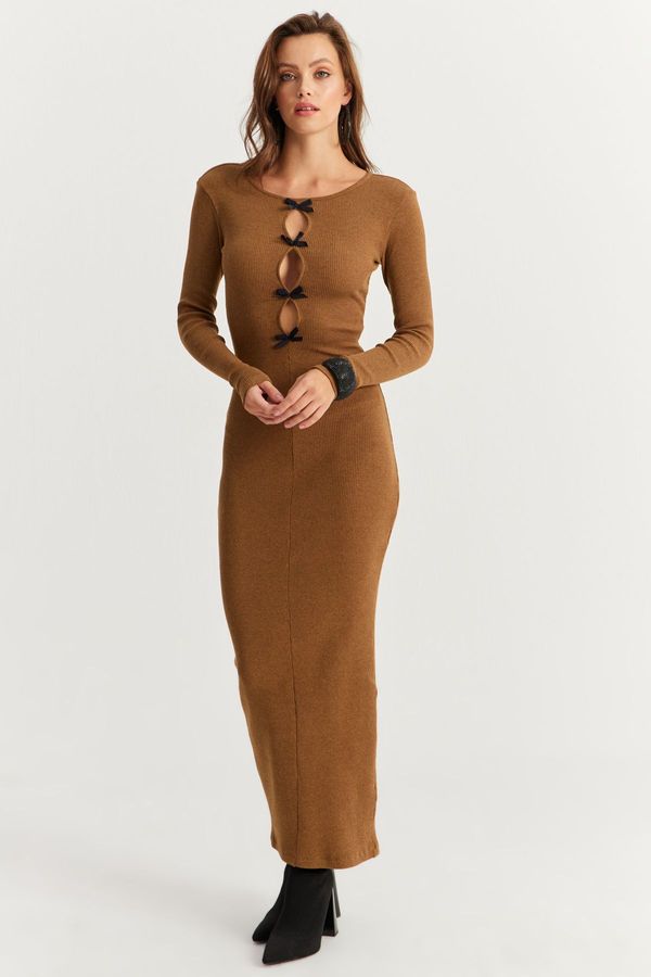 Cool & Sexy Women's Camel-Black Ribbon Detailed Camisole Maxi New Year's Dress