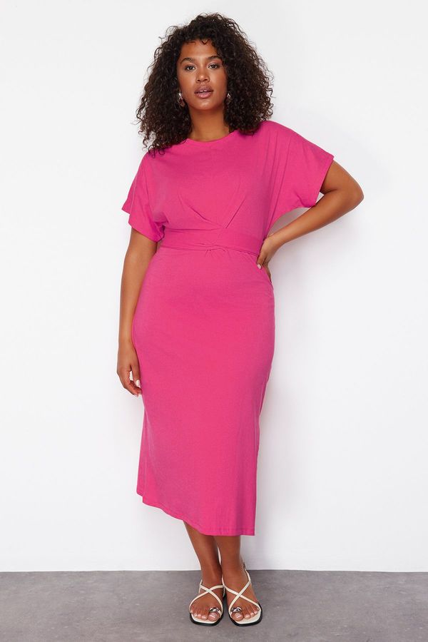 TRENDYOL CURVE PINK STRAIGHT CUT TIE DETAIL WITH SLITS MAXI/LONG 100% COTTON KNITTED PLUS SIZE DRESS