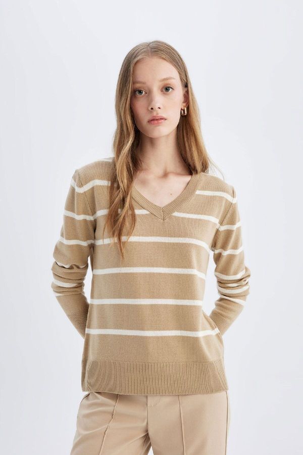 DEFACTO RELAX FIT V NECK SOFT TEXTURE STRIPED BASIC PLAIN KNITWEAR SWEATER