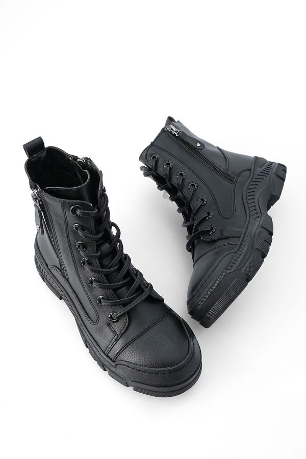 MARJIN WOMEN'S LACE-UP DOUBLE ZIPPERED THICK SOLE BOOTS BOOTS FELAS BLACK