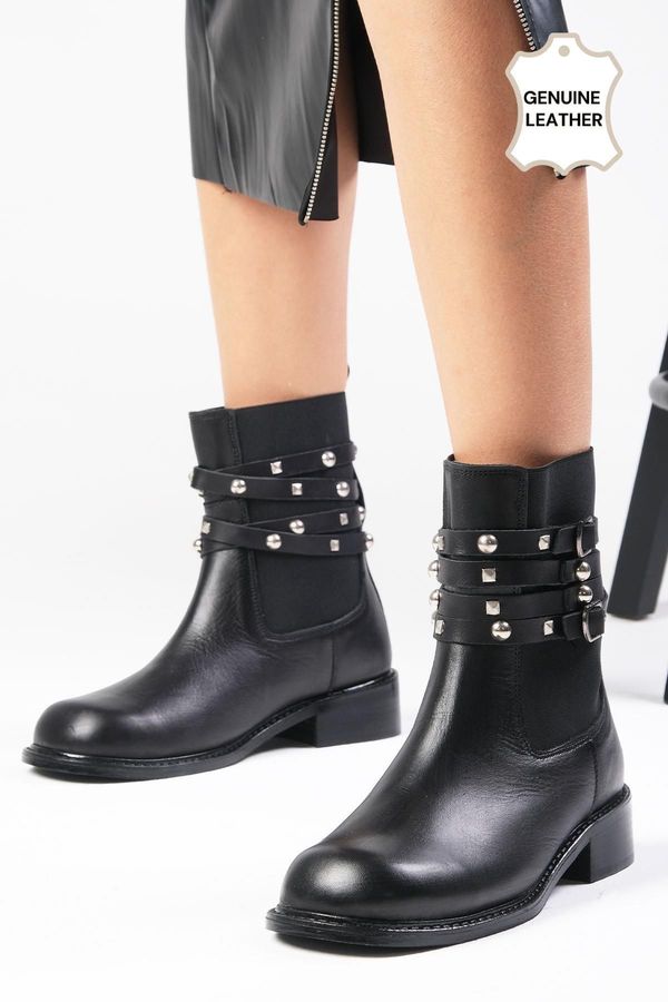 MIO GUSTO GENUINE LEATHER BLACK COLOR FLAT TOE WOMEN'S ELASTIC BIKER BOOTS