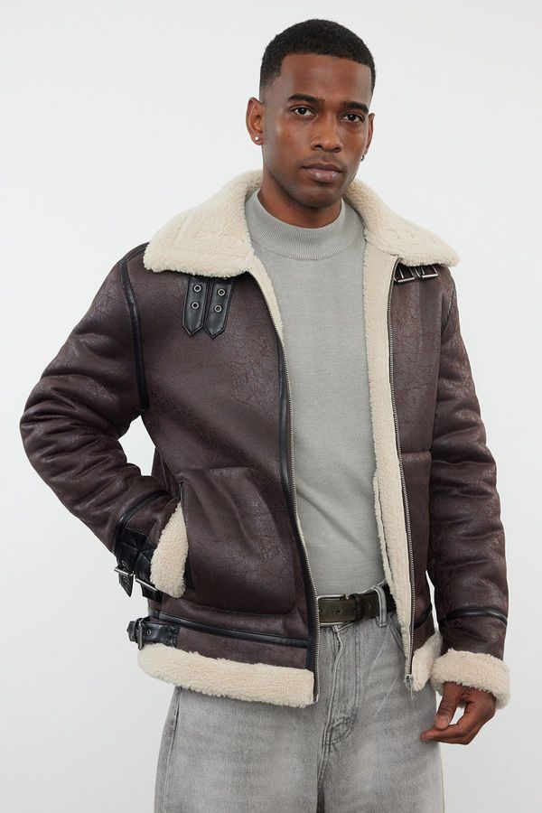 TRENDYOL MEN'S DARK BROWN REGULAR FIT WINTER COAT WITH FUR INSIDE