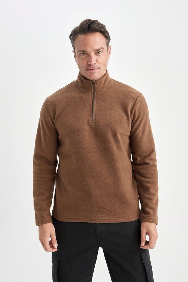 DEFACTO BROWN NON-PILLING COLD-PROOF STAND COLLAR ZIP-UP FLEECE SWEATSHIRT