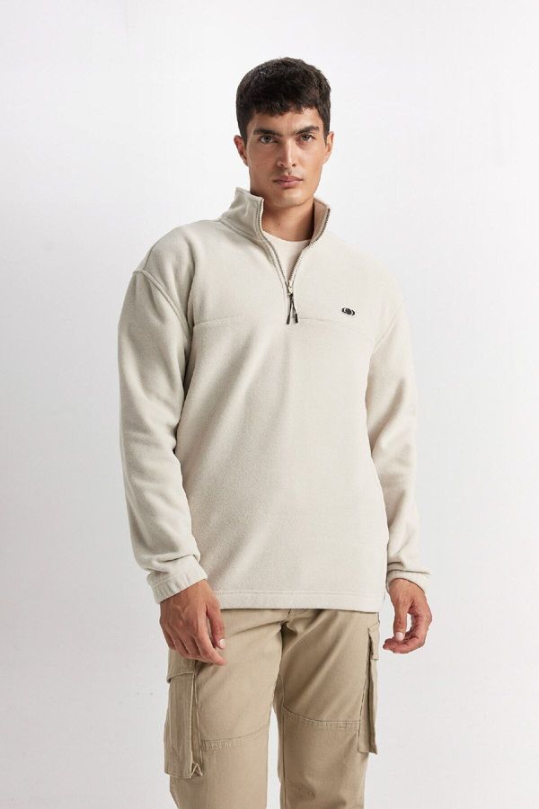 DEFACTO RELAX FIT STAND COLLAR ZIP-UP FLEECE SWEATSHIRT