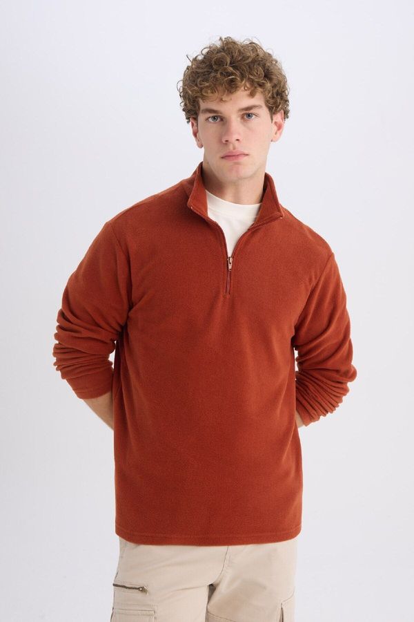 DEFACTO ORANGE NON-PILLING COLD-PROOF REGULAR FIT STAND-UP COLLAR ZIPPERED POLAR FLEECE SWEATSHIRT