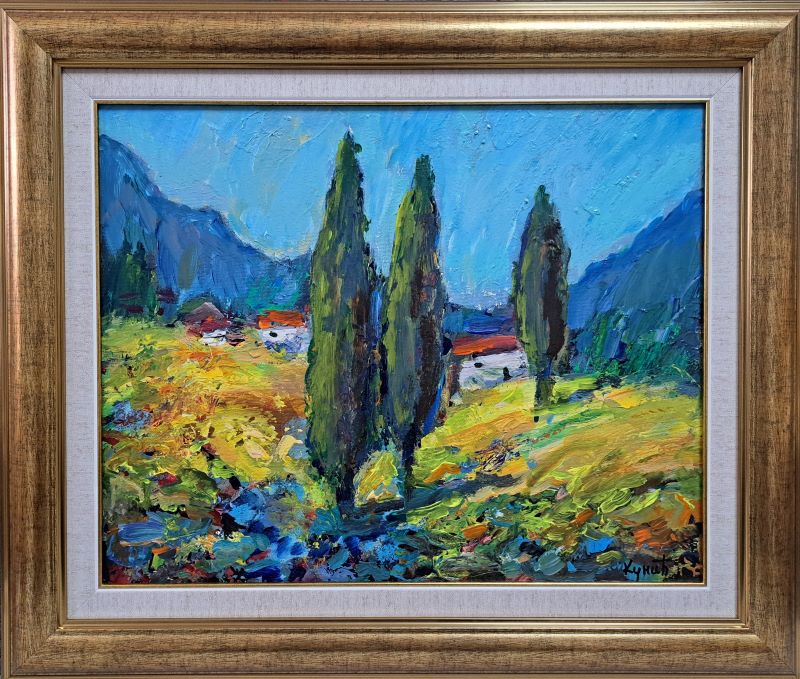 Pejsaž, ulje na platnu, Dragan Kunić, sertifikat, sa 56×66 cm, lux ram, bez 40×50 cm, 240 eura