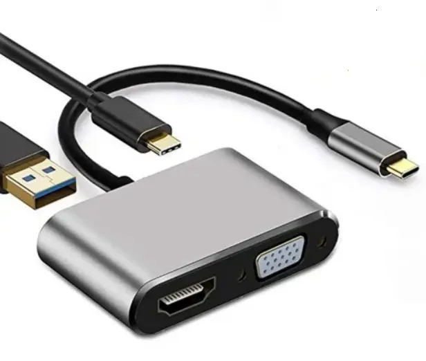 LINKOM Adapter-konvertor TIP C na HDMI 4K + VGA + TIP C + USB 3.0 sivi