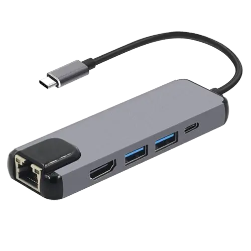 FAST ASIA Adapter konvertor TIP-C na HDMI + 2xUSB 3.0 + TIP C + RJ45 sivi