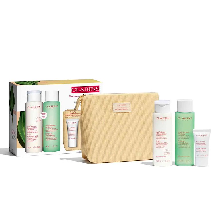 CLARINS ŽENSKI POKLON SET MY CLEANSING ESSENTIALS (VELVET CLEANSE MILK 200ML + PURIFYING TONING LOTION 200ML + PURE SCRUB 15ML + BAG)