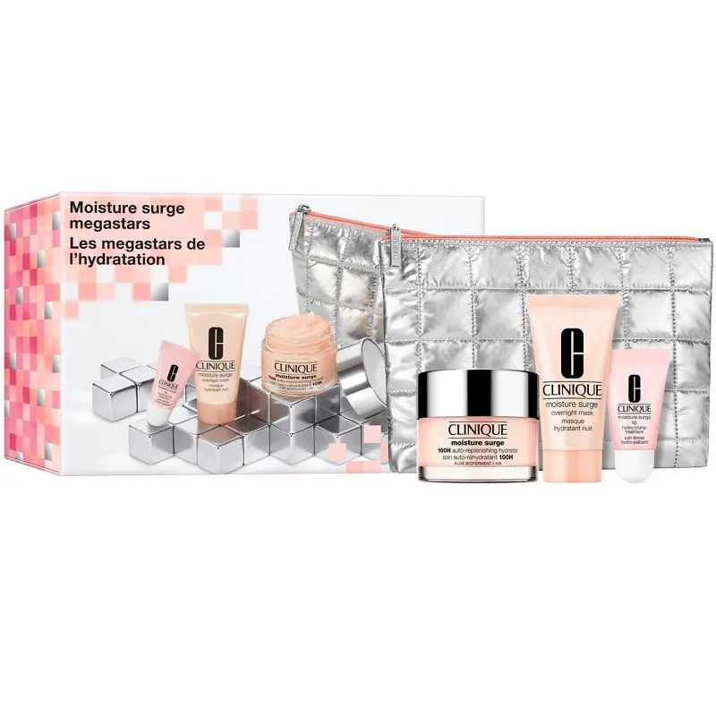 CLINIQUE ŽENSKI POKLON SET MOISTURE SURGE (SELF REHYDRATING TREATMENT 50 ML + MOISTURIZING NIGHT MASK 30 ML + LIP TREATMENT 7ML + MAKE UP BAG)