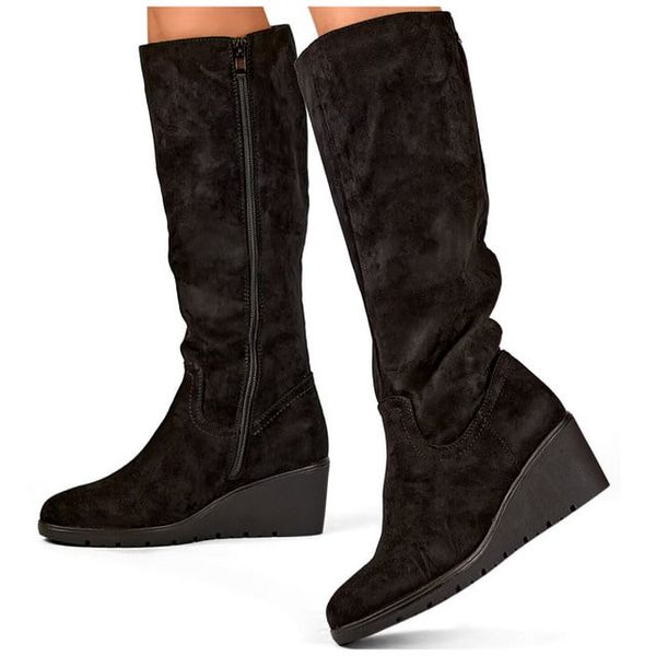 PRIMOHURT BLACK SUEDE OVER-THE-KNEE WOMEN'S WEDGE BOOTS