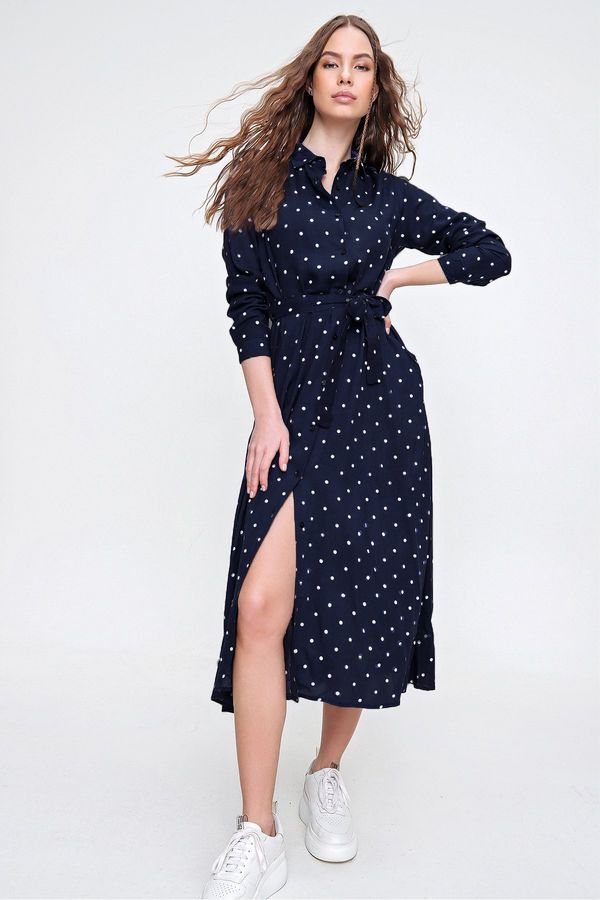 TREND ALAÇATI STILI WOMEN'S OCEAN BLUE POLKA DOT PATTERNED WOVEN VISCOSE SHIRT DRESS