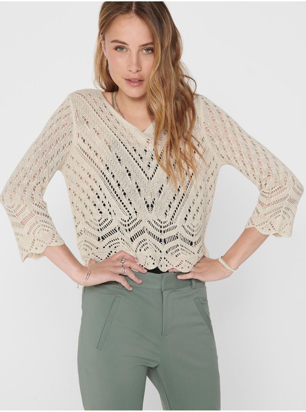 CREAM PATTERNED CROP TOP SWEATER WITH 3/4 SLEEVES JDY NEW - LADIES