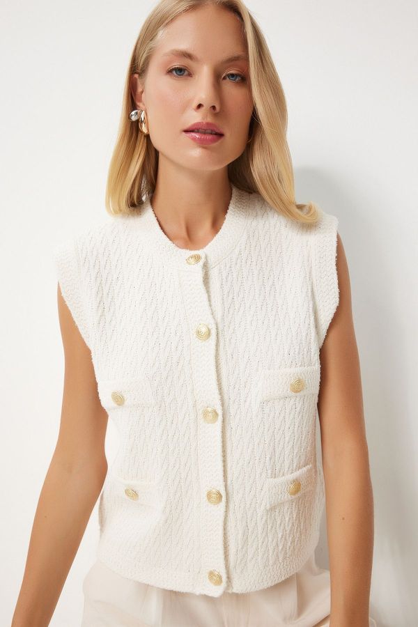 HAPPINESS İSTANBUL WOMEN'S BONE STYLISH BUTTONED TEXTURED KNITWEAR VEST