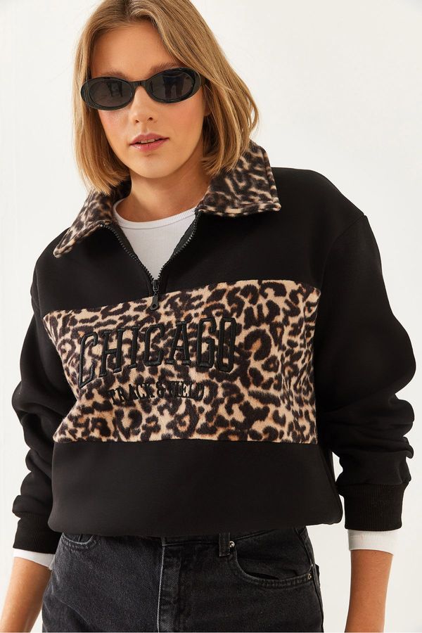 BIANCO LUCCI WOMEN'S COLLAR AND FRONT LEOPARD GARNISH SWEATSHIRT 6426