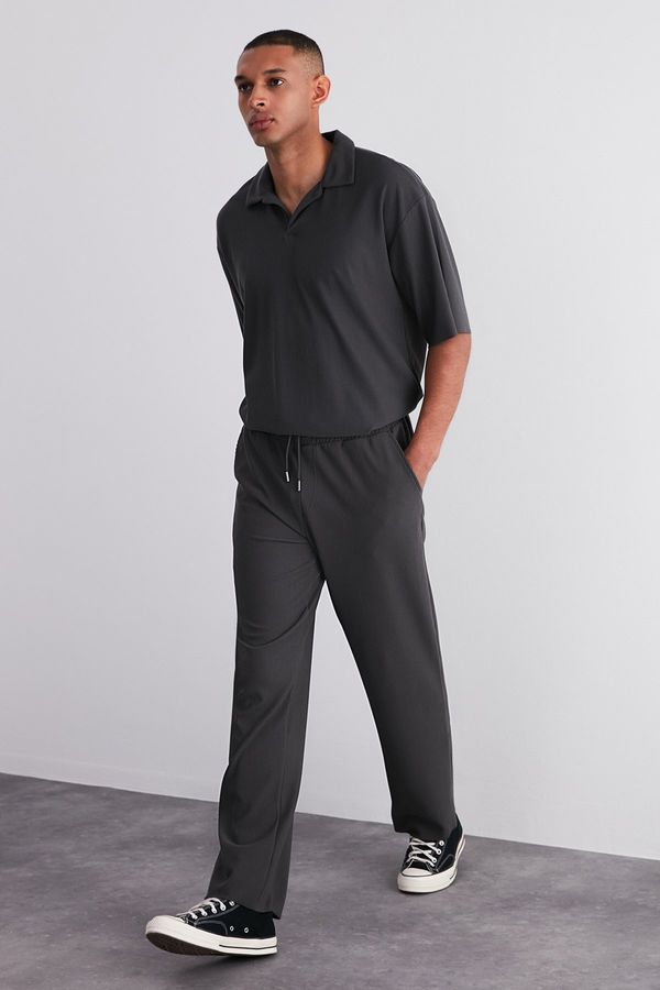TRENDYOL LIMITED EDITION SMOKE / WIDE LEG TEXTURED WRINKLE-FREE HIDDEN DRAWSTRING ONE PIECE SWEATPANTS