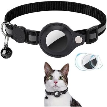 REFLECTIVE PET COLLAR WITH AIRTAG HOLDER AND BELL - CATS AND SMALL DOGS - BLACK