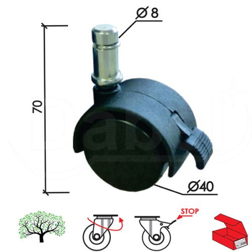 Dabel točkić rot t4102 crna fi 40 mm kočnica,pin 8 mm