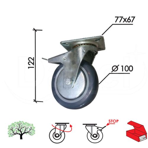 Dabel točkić rotirajući t4120 siva fi 100 mm sa kočnicom