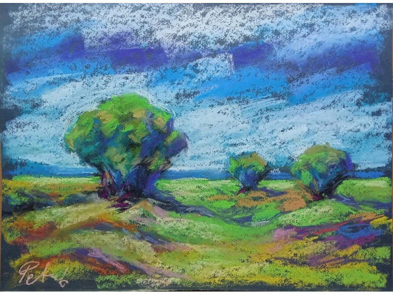 Stabla na livadi - pastel 25 x 35 cm.