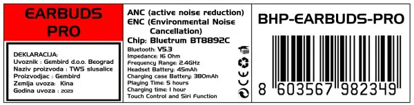 GEMBIRD BHP-EARBUDS-PRO*(ANC) Gembird bluetooth V5.3, 16ohm, 45/380mAh slusalice, ANC/ENC noise r.Touch(1539