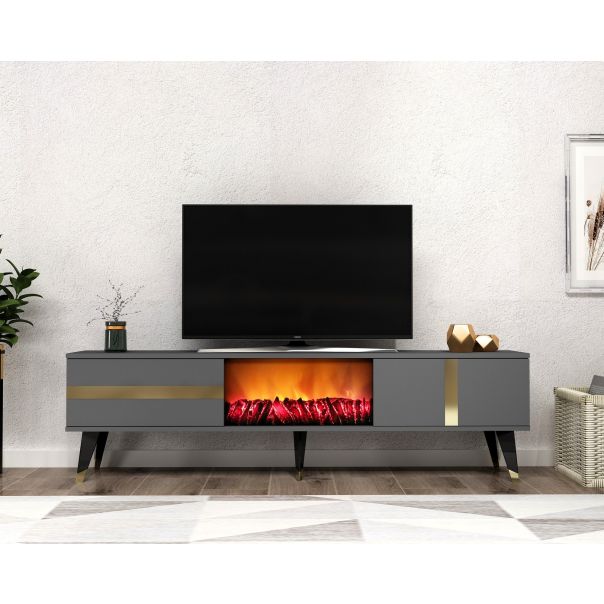 HANAH HOME TV komoda sa LED kaminom Vania Fireplace, crna/zlatna