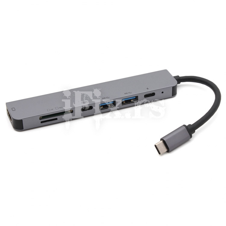 Hub 7u1 USB-C na USB-C + PD + USB 3.0 + HDMI + TF SD citac kartica