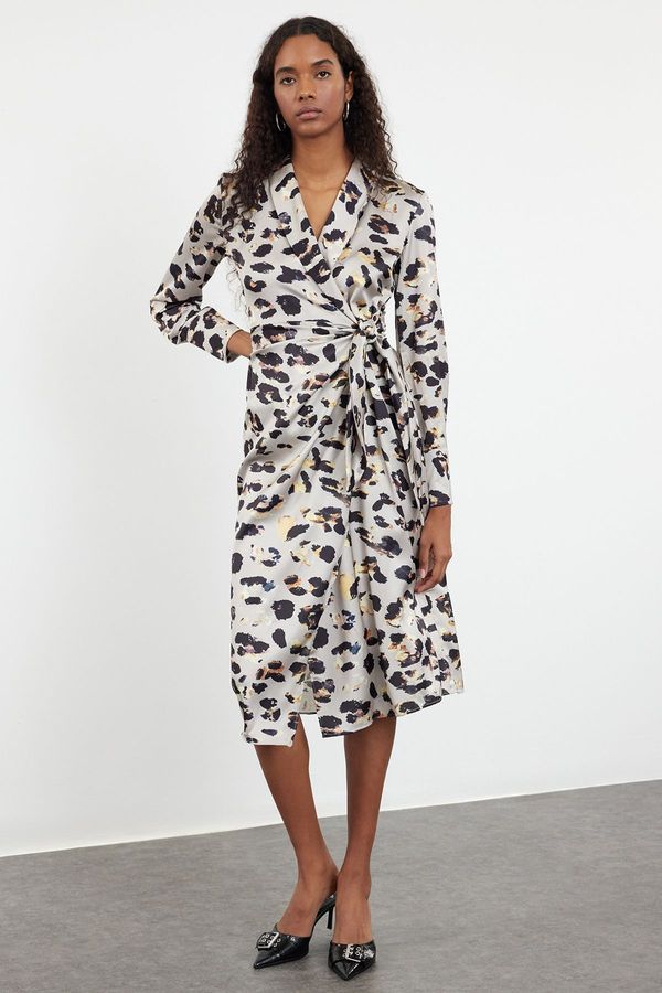TRENDYOL BEIGE LEOPARD PATTERNED WRAP MIDI TIE DETAILED WOVEN DRESS
