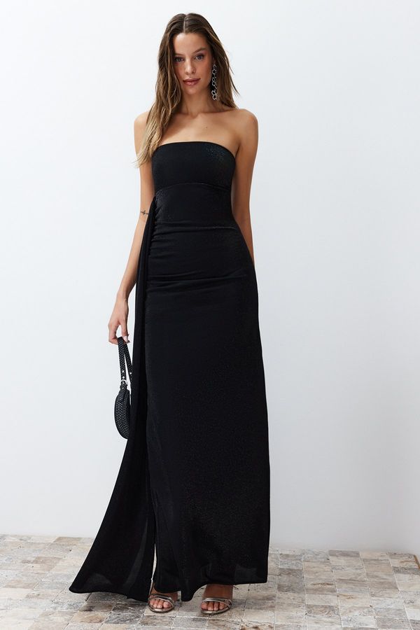 TRENDYOL BLACK GLITTER KNITTED LONG ELEGANT EVENING DRESS